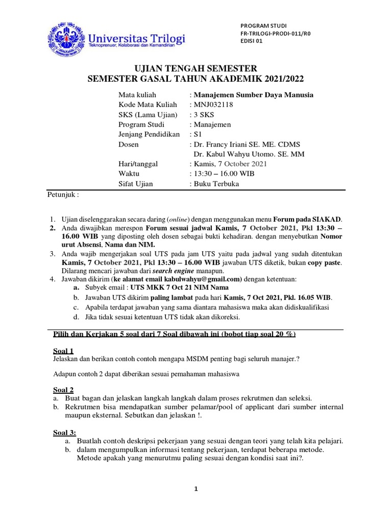 Soal UTS MSDM Gasal 2021-2022 Kabul | PDF