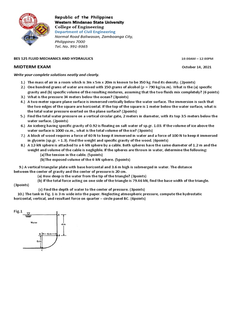 BES 125 FLUID MECHANICS AND HYDRAULICS Midterm Exam | PDF | Pressure | Water