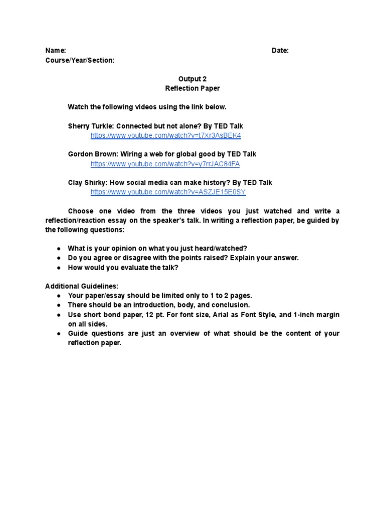 TED Talk Reflection Paper Guidelines | PDF