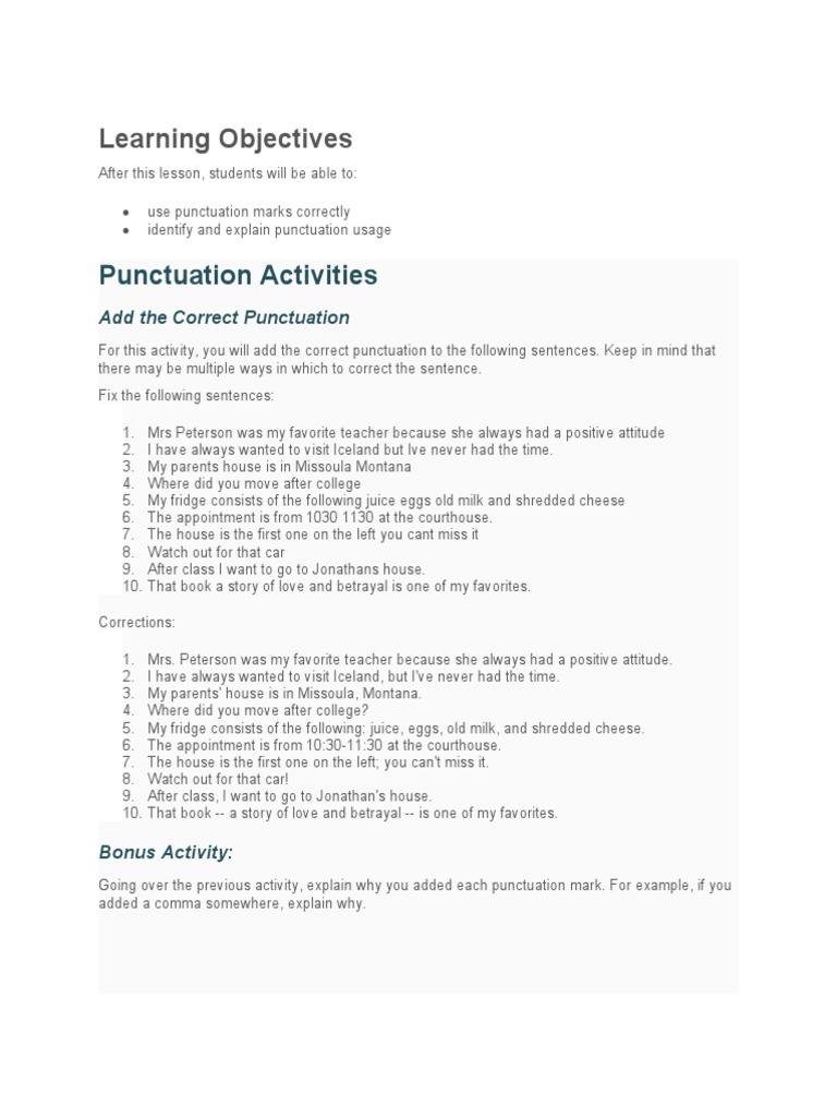 Learning Objectives: Punctuation Activities | PDF | Punctuation | Comma