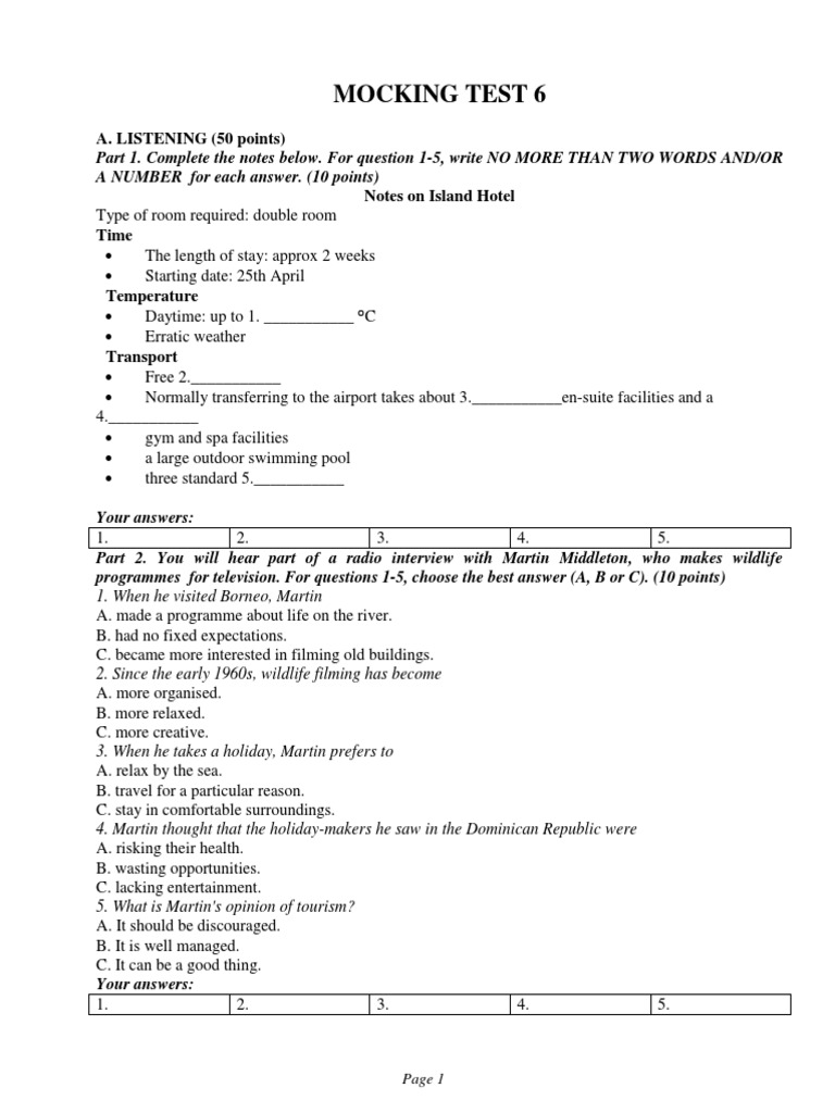Mocking Test 6: A. LISTENING (50 Points) | PDF | Predation | Life