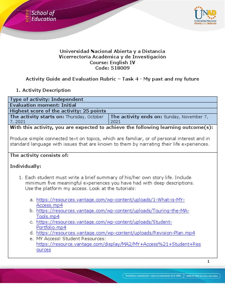 Activities Guide and Evaluation Rubric - Unit 2 - Task 4 - My Past and ...