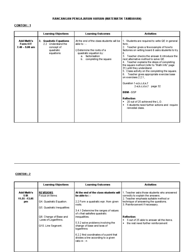 Contoh RPH (Add Maths) | PDF | Quadratic Equation | Teaching Mathematics