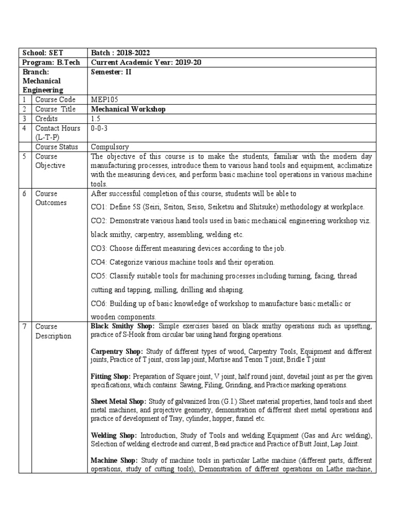 Mechanical Workshop Syllabus | PDF | Foundry | Construction