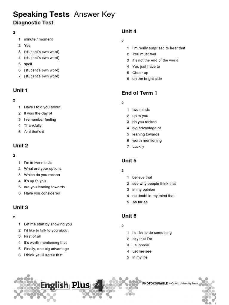 End of Year 1 Speaking Test Answers | PDF