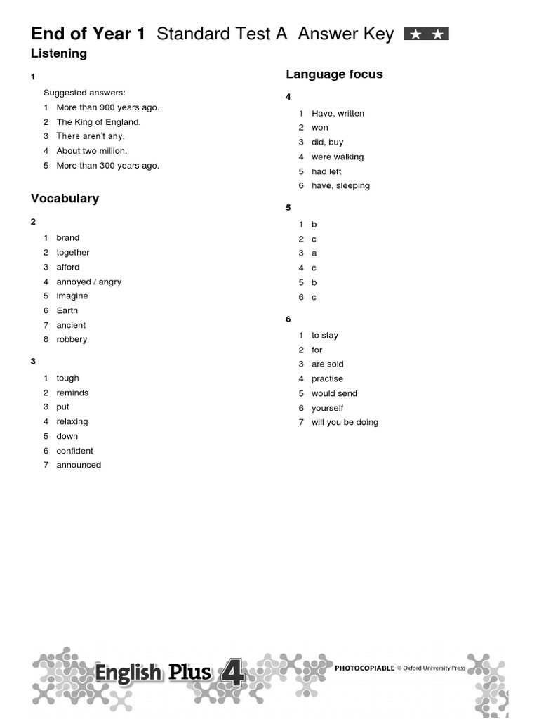 End of Year 1 Standard Test A Answers | PDF
