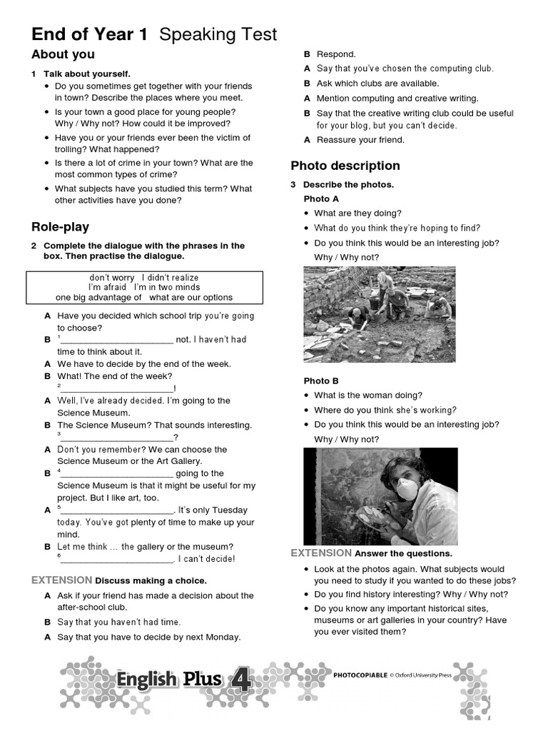 Year 1 Speaking Test Guide | PDF | Self-Improvement