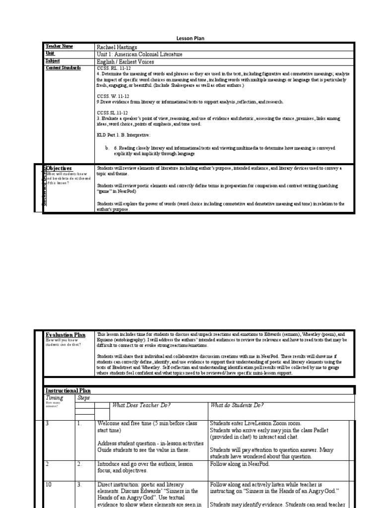 American Colonial Literature Lesson Plan | PDF | Poetry | Lesson Plan