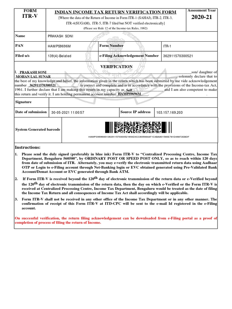 Itr-V: Indian Income Tax Return Verification Form | PDF | Government ...
