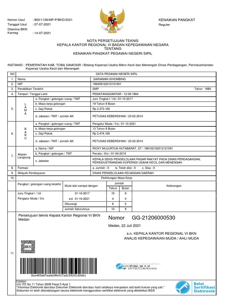 Pertimbangan Teknis KP Ivb Bawa BKN Kanreg - 196408122012121001 | PDF