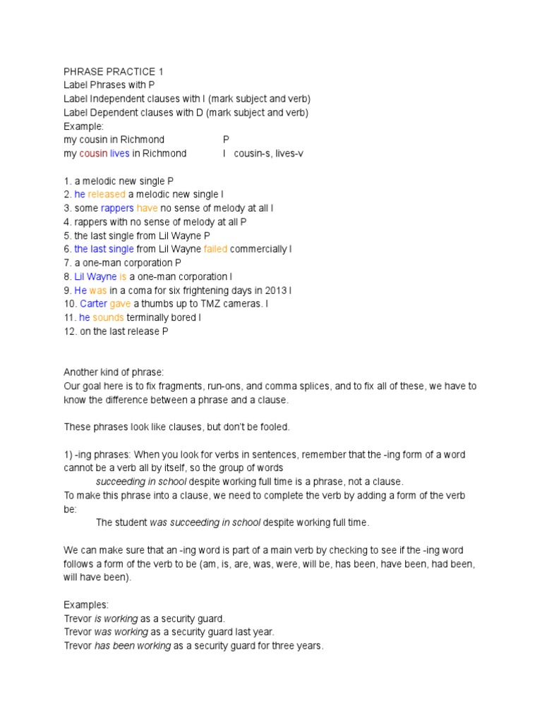 Clauses - Phrases Practice | PDF | Phrase | Clause