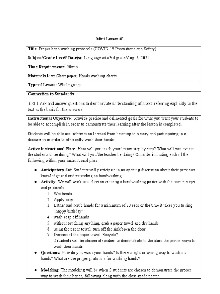 Handwashing 3rd Grade Lesson Plan | PDF | Lesson Plan | Hand Washing