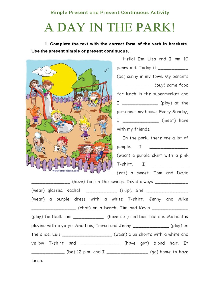 1° B - A-Day-In-The-Park-Present-Simple-Continuous | PDF