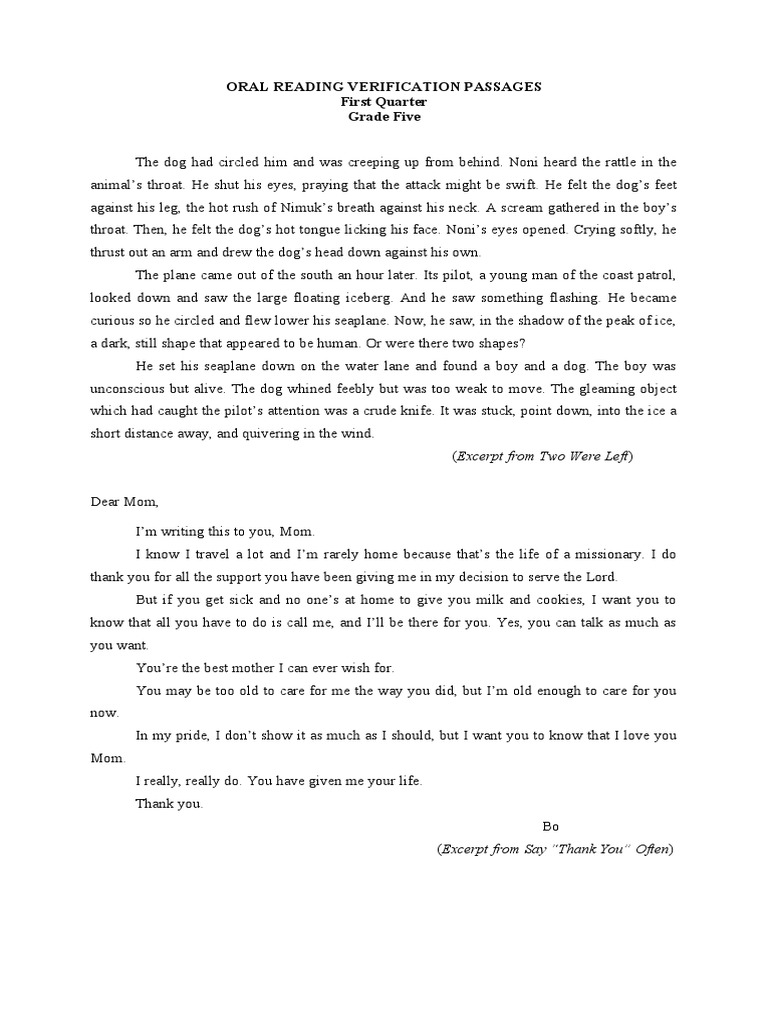 Oral Reading Verification Passages First Quarter Grade Five | PDF