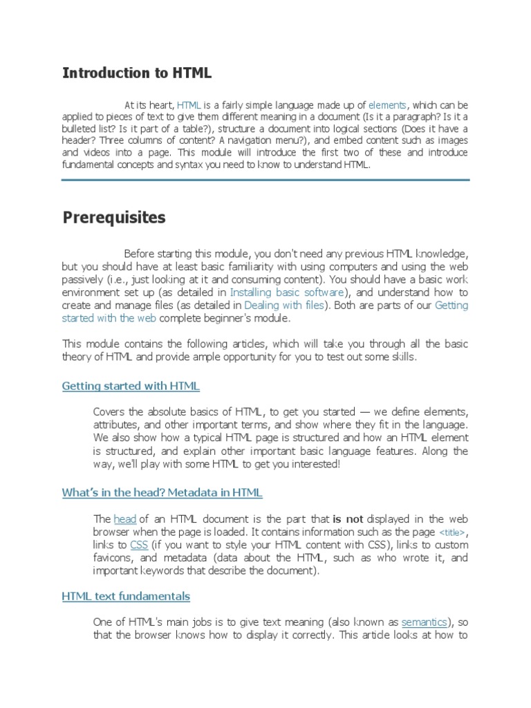 Prerequisites: Introduction To HTML | PDF | Html | Websites