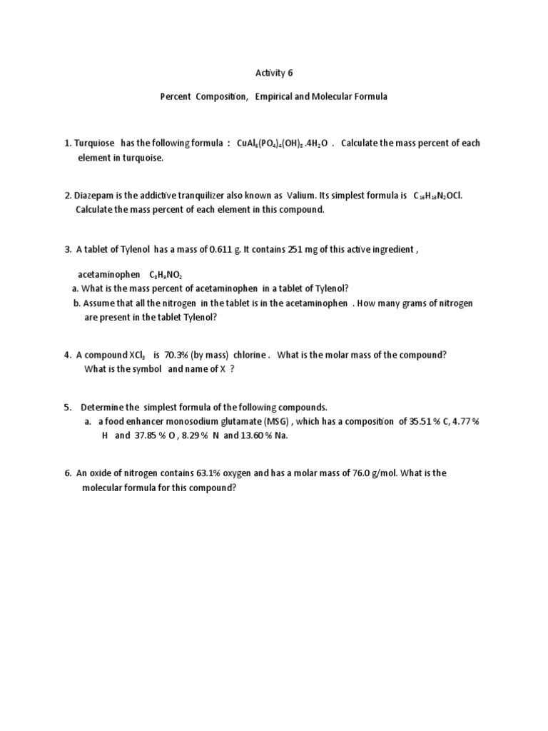 Activity 6. Percent Compositio, Empirical and Molecular Formula | PDF