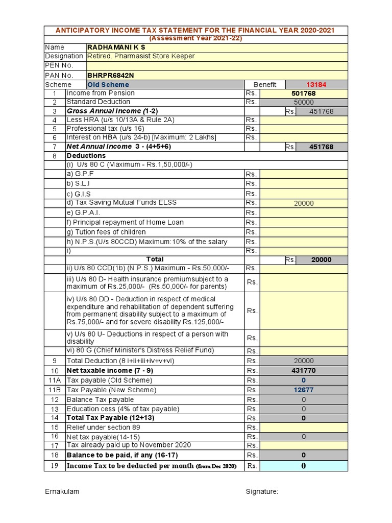 Anticipatory INCOMETAX STATEMENT20 21new | PDF | Taxes | Tax Deduction