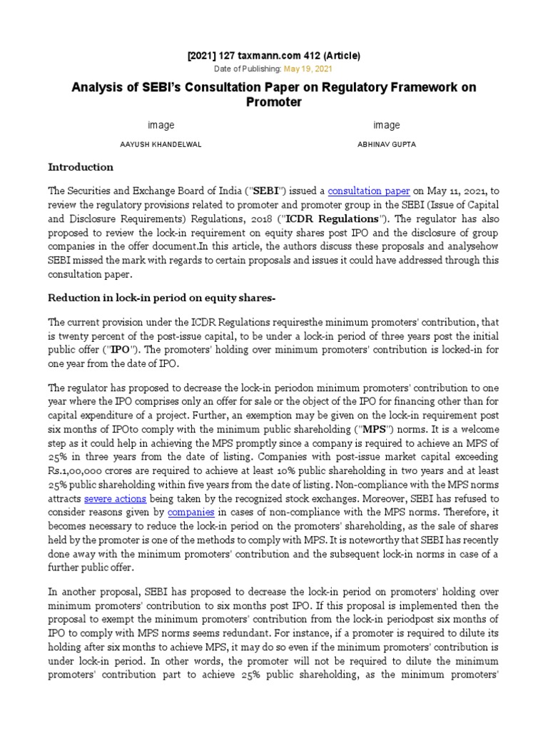 Analysis of SEBI's Consultation Paper On Regulatory Framework On ...