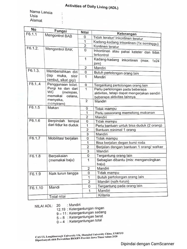 Quisioner ADL Lansia | PDF