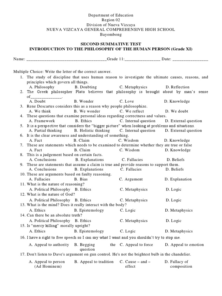 Grade 11 Philosophy Summative Test | PDF | Reason | Knowledge