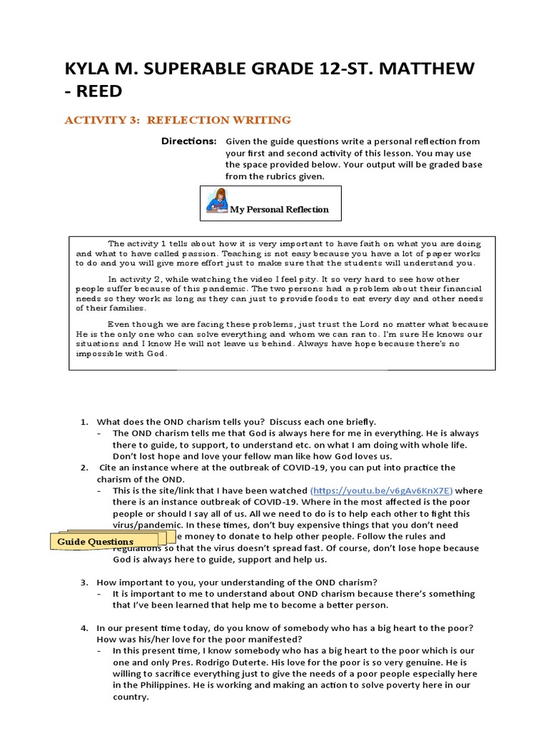 Kyla M. Superable Grade 12-St. Matthew - Reed: Activity 3: Reflection ...
