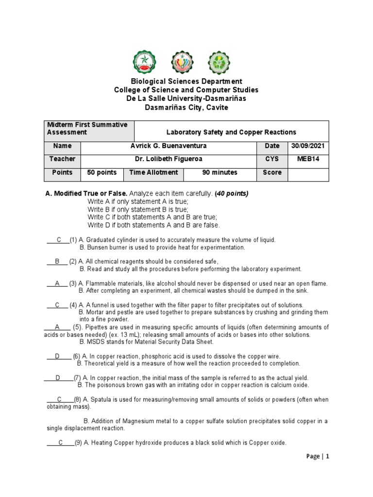 Lab Midterm 1st Summative Assessment Lab Safety and Copper Reactions ...