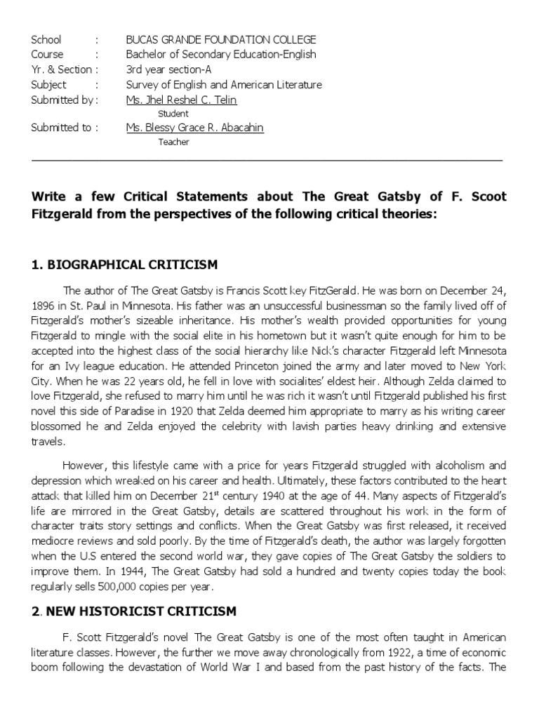 Critical Statements About 'The Great Gatsby' | PDF | The Great Gatsby | Id