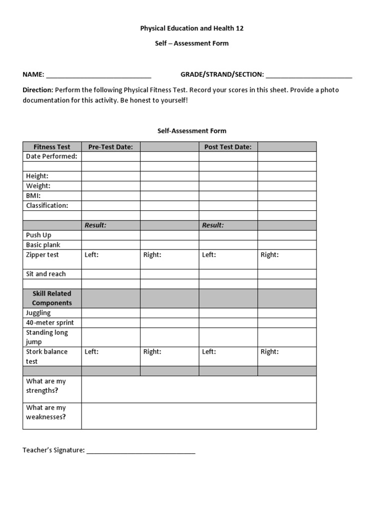 Physical Fitness Self-Assessment Form | PDF | Recreation