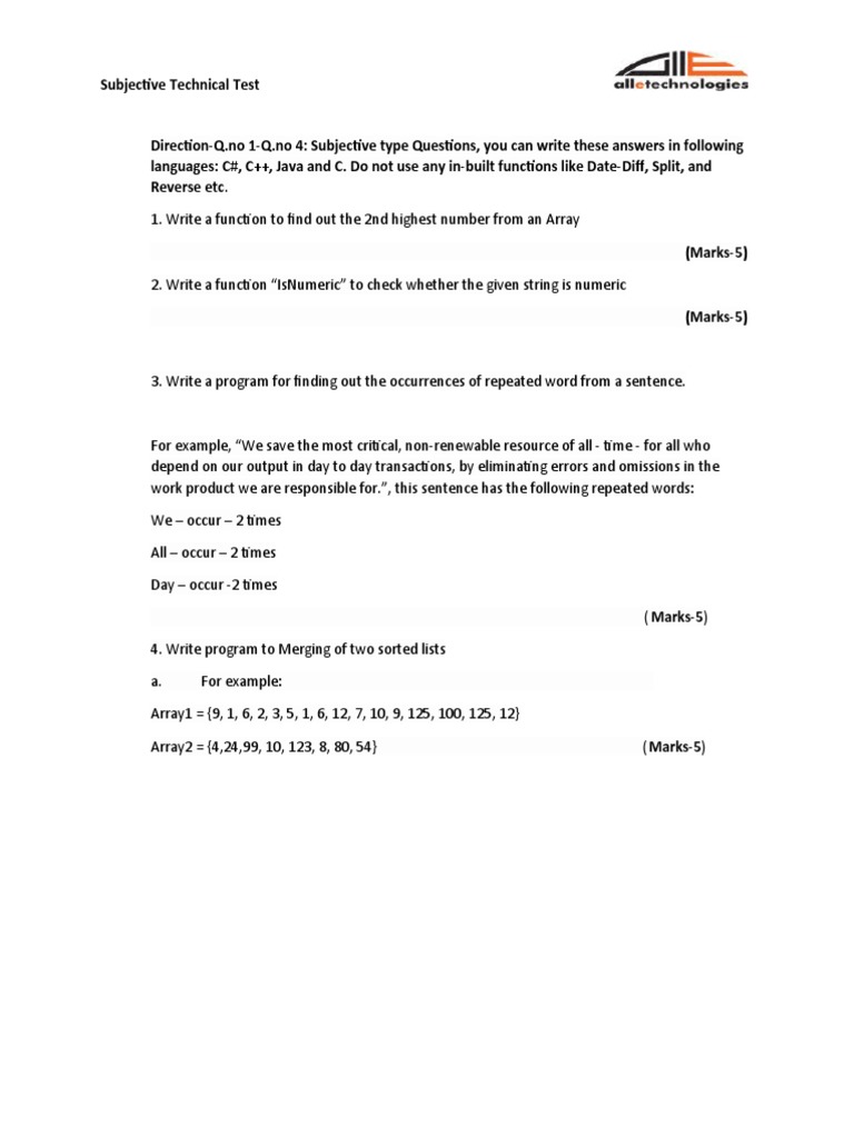 Subjective Technical Test Examples | PDF | Teaching Methods & Materials ...