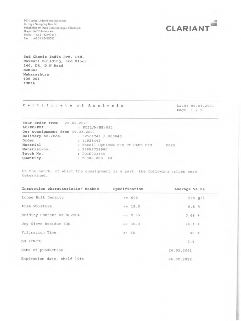 Tonsil Optimum 230ff Highly Active Bleaching Earth | PDF | Physical ...