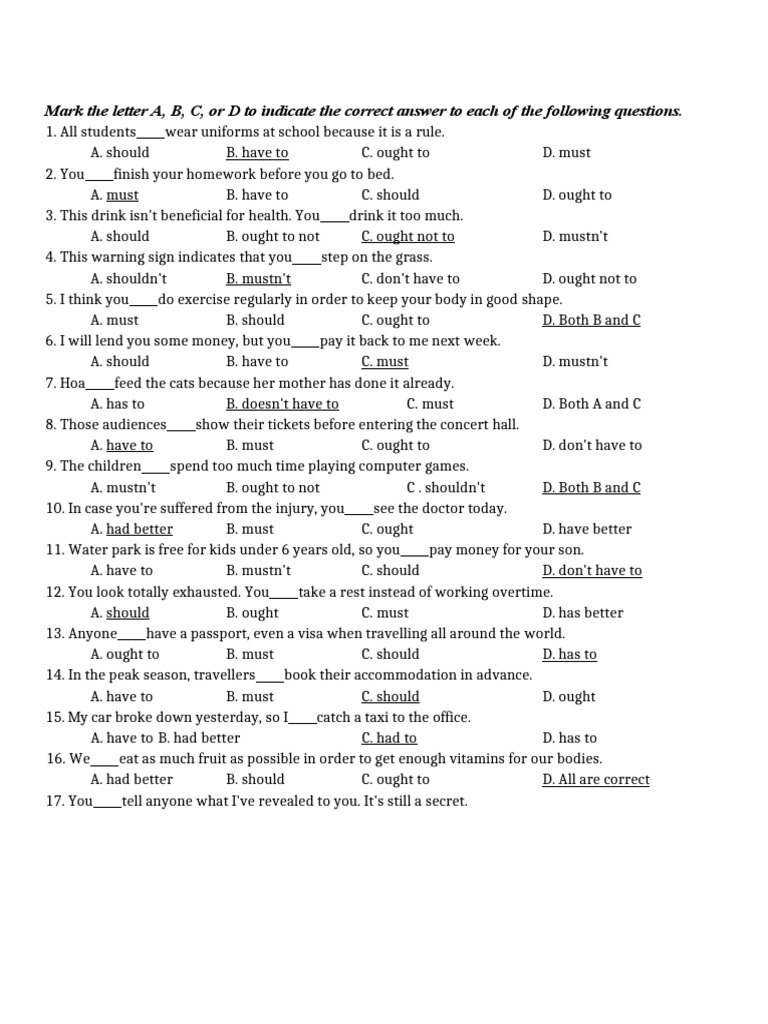 Mark The Letter A, B, C, or D To Indicate The Correct Answer To Each of The Following Questions ...