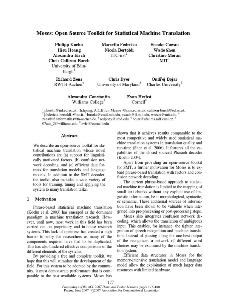 Moses: Open Source Toolkit For Statistical Machine Translation | PDF ...