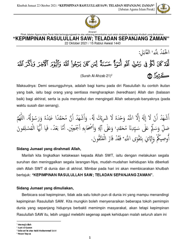 Khutbah Jumaat 22 Oktober 2021 - Kepimpinan Rasulullah SAW Teladan ...