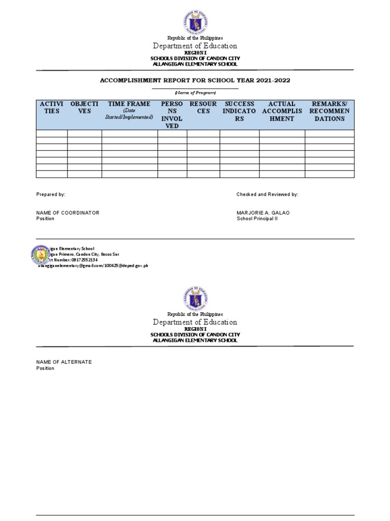 Accomplishment Report Template For School Year 2021 2022 | PDF