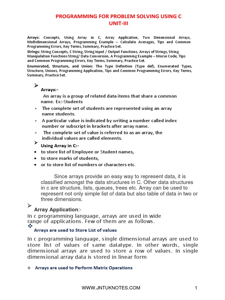 Programming For Problem Solving Using C Unit-Iii: Arrays | PDF | Array Data Structure | Matrix ...