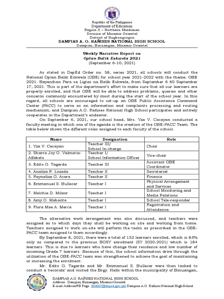 Weekly Narrative Report On OBE (Sept 6-10) | PDF