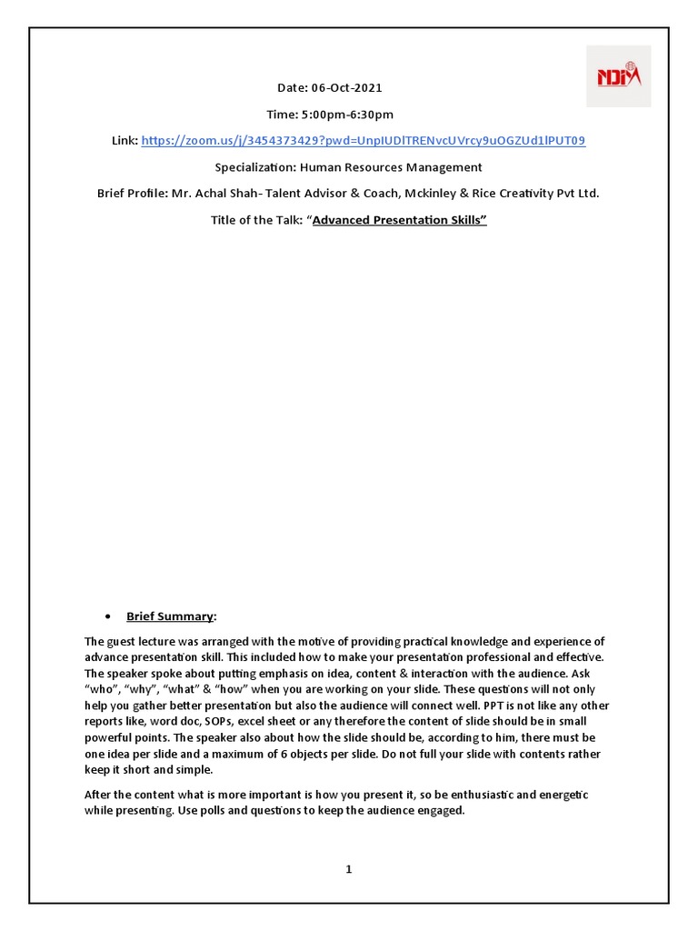 Guest Lecture On Advanced Presentation Skill | PDF