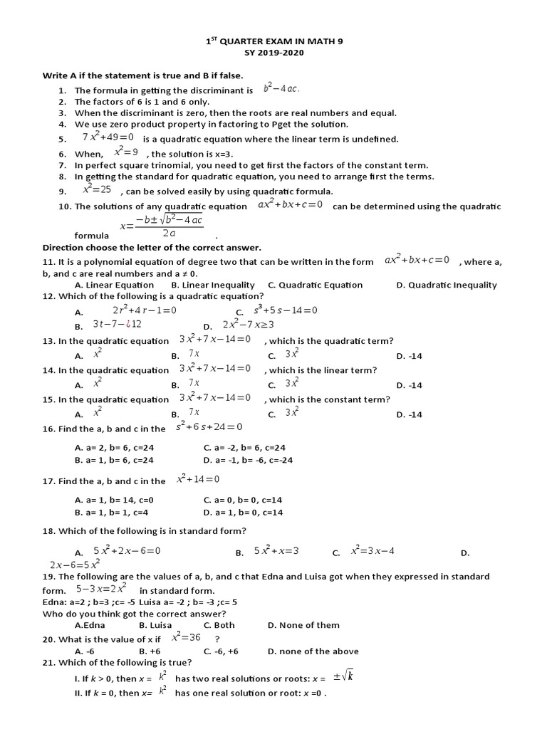 1st Periodic Test - Math 9 | PDF | Quadratic Equation | Equations