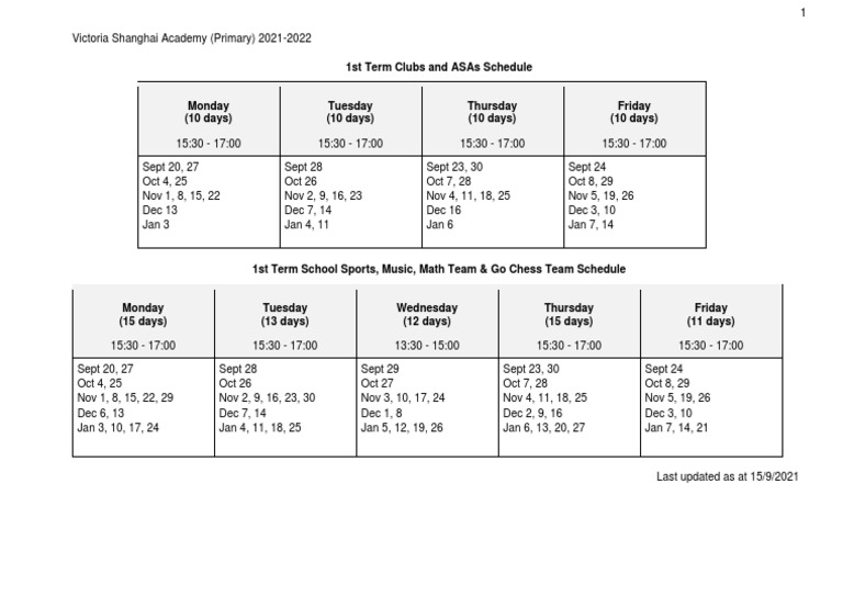 2021-22 Term 1 ASA Schedule | PDF