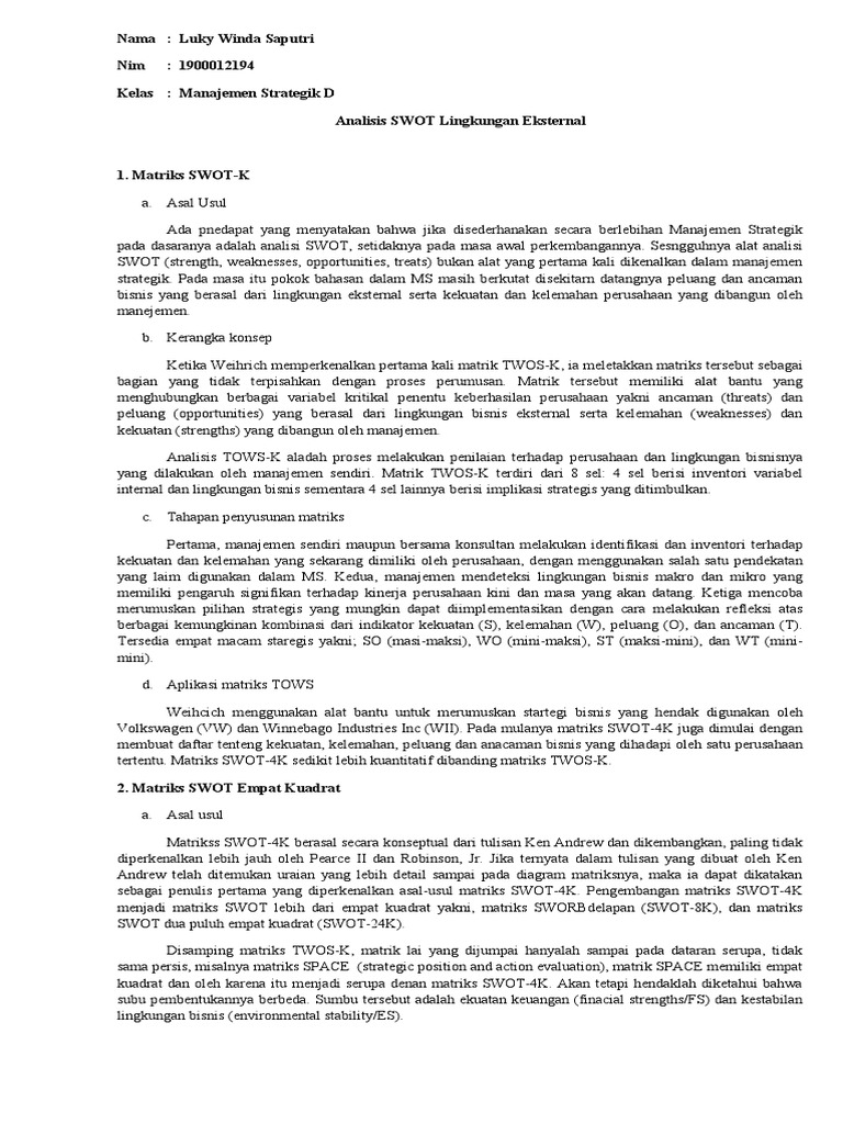Luky Winda Saputri - 1900012194 - Analisis SWOT Lingkungan Eksternal | PDF | Karier ...