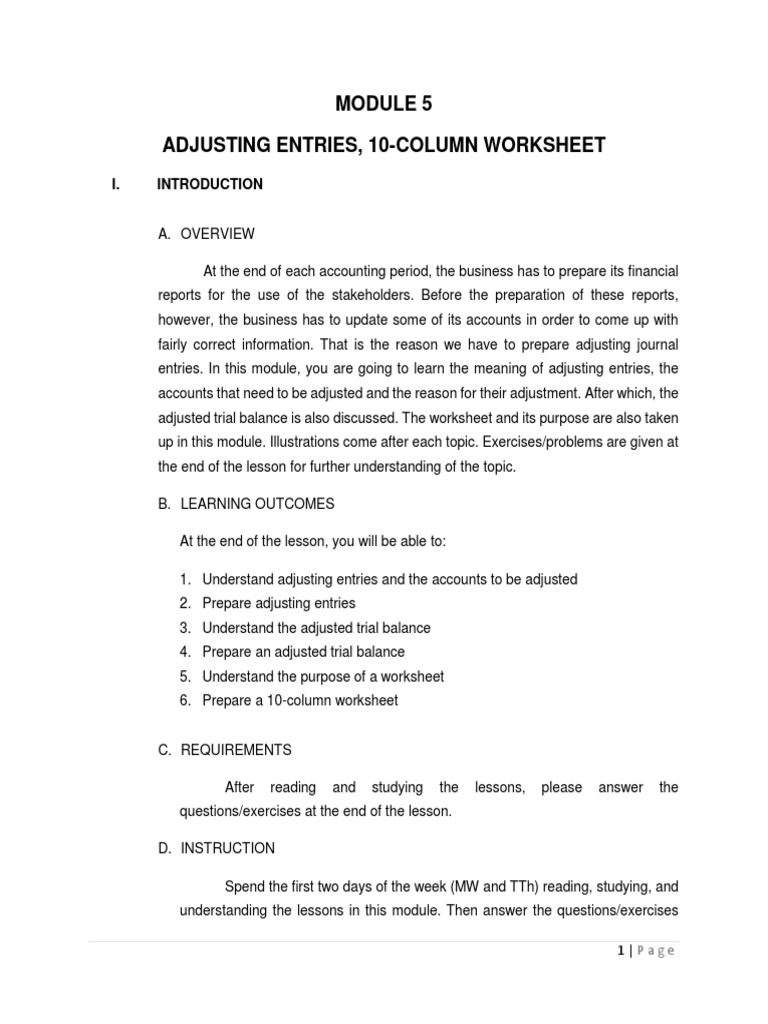 Adjusting Entries, 10-Column Worksheet | PDF | Debits And Credits ...
