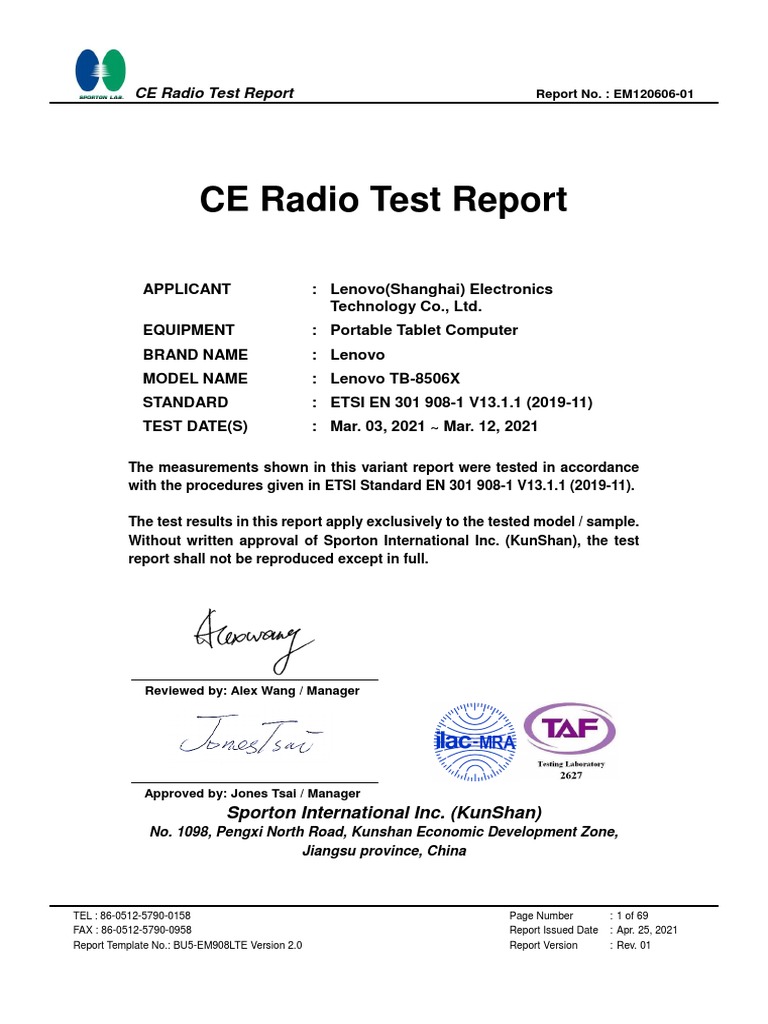 EM120606-01 R01 EN301908-1 Lenovo Lenovo TB-8506X Report CE Radio Test ...