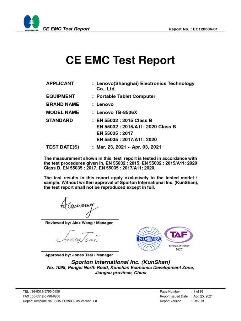 EC120606-01 R01 EN55032+35 Lenovo (Shanghai) Lenovo TB-8506X Report CE ...