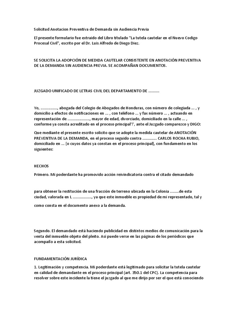 Solicitud Anotacion Preventiva de Demanda Sin Audiencia Previa | PDF ...