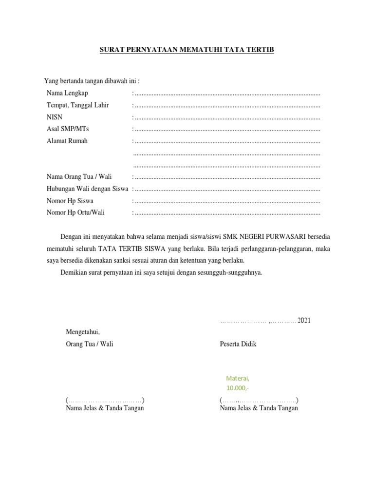 Surat Pernyataan Mematuhi Tata Tertib SMKN Pws | PDF