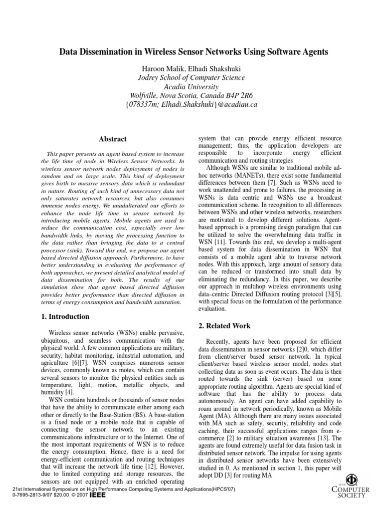 Data Dissemination In Wireless Sensor Networks Using Software Agents Pdf Wireless Sensor