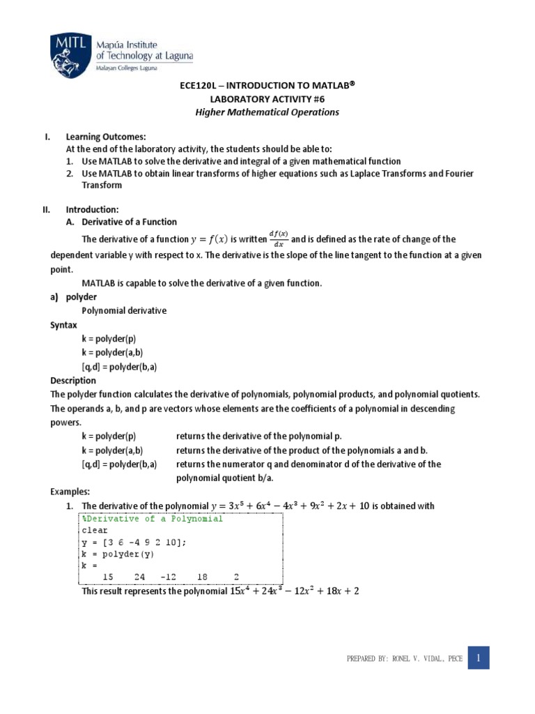 ECE120L - Activity 6 | PDF | Derivative | Laplace Transform