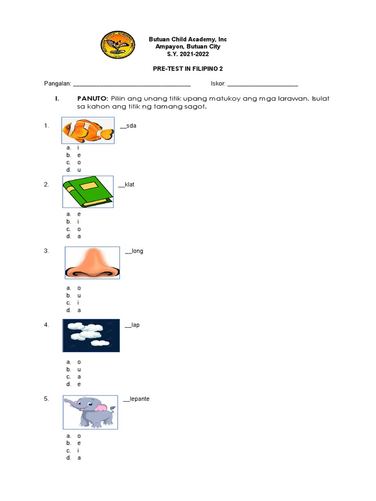 Pre-Test - Filipino 2 | PDF