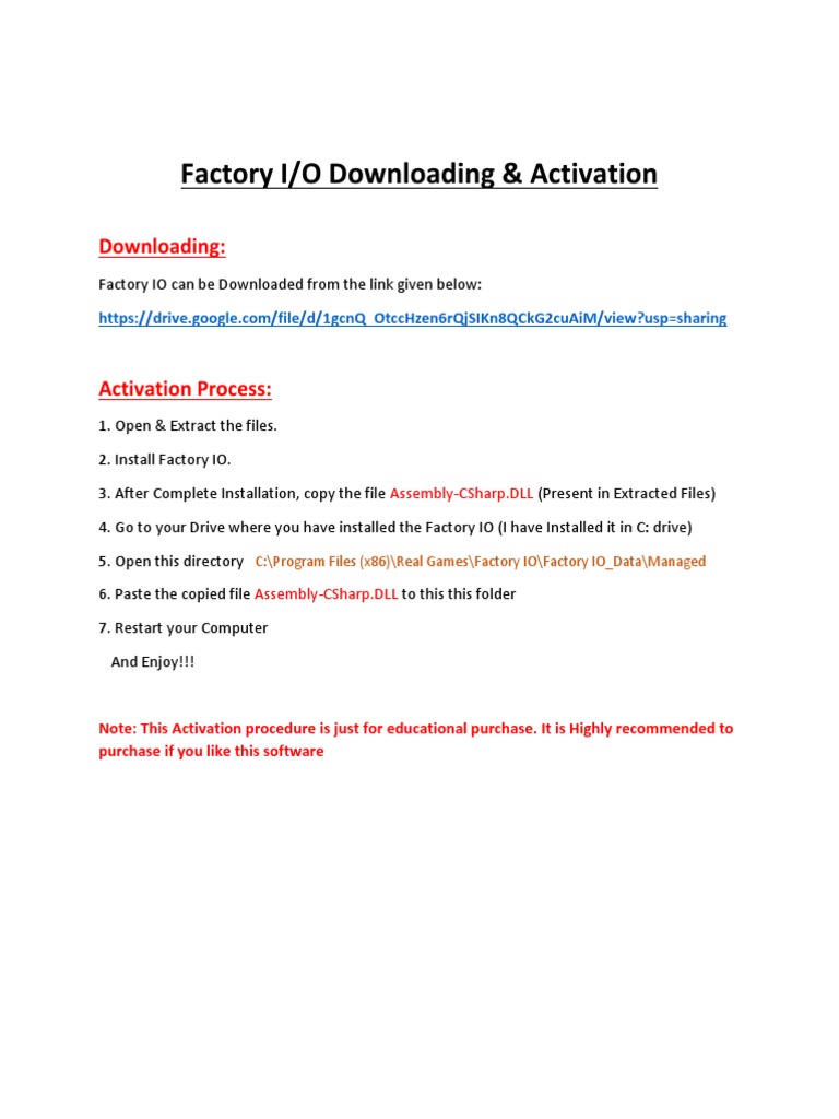 Factory IO Downloading & Activation | PDF