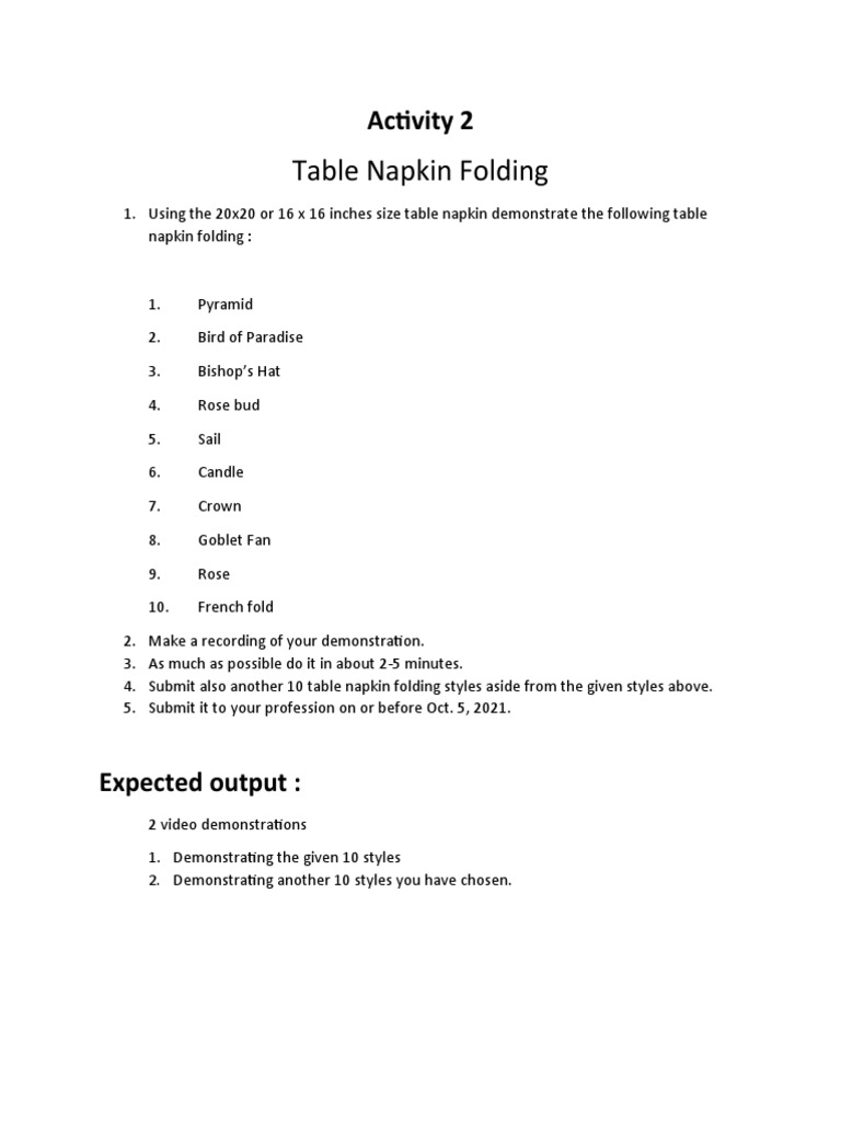 Activity 2 Table Napkin Folding | PDF
